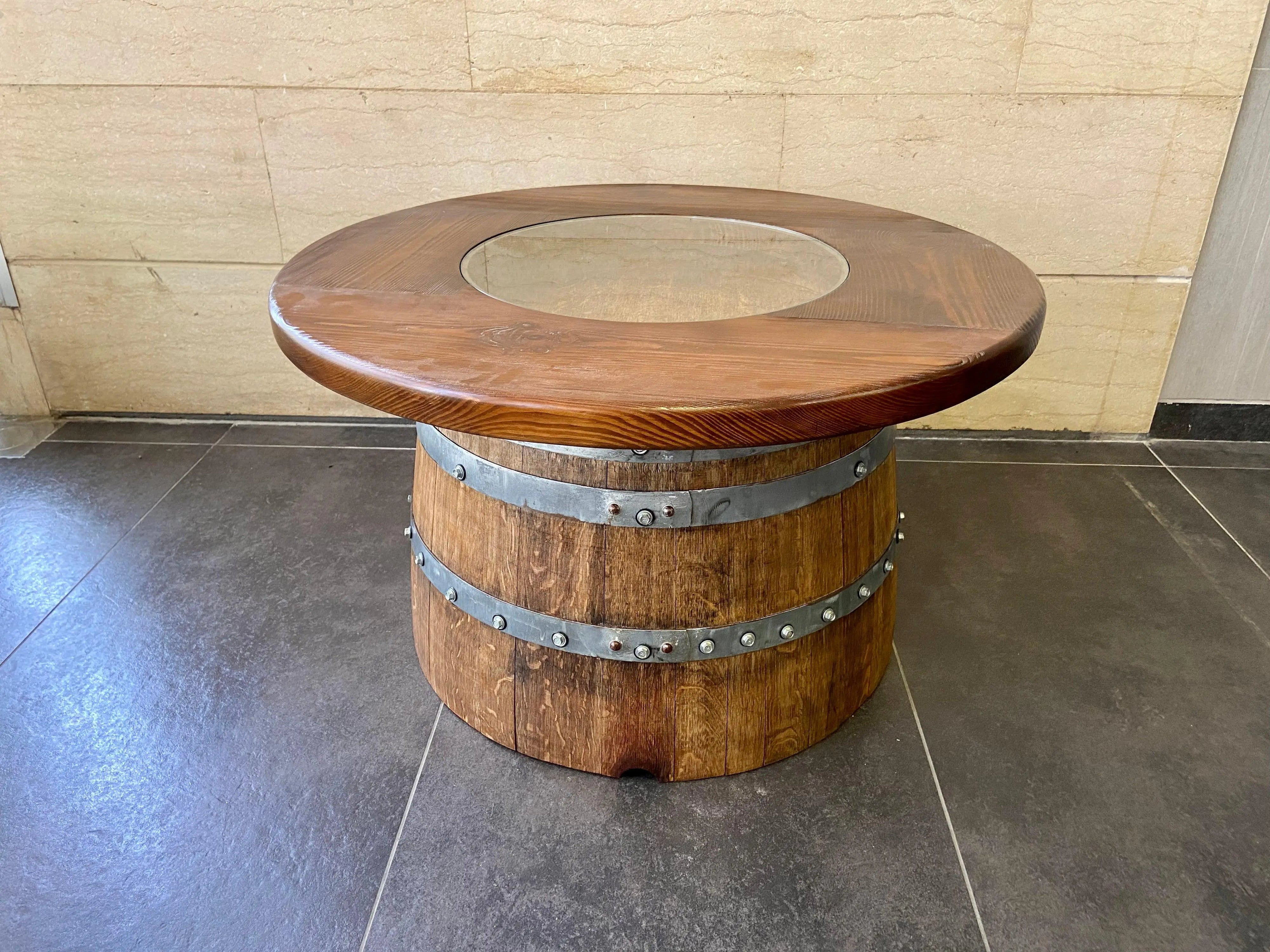 2-Chair Half-Barrel Table Full Set - Oak Wood Wine Barrels