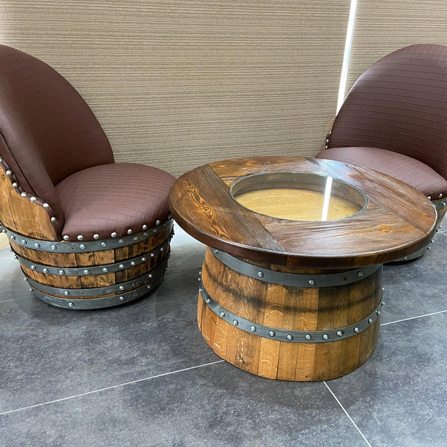 2-Chair Half-Barrel Table Full Set - Oak Wood Wine Barrels