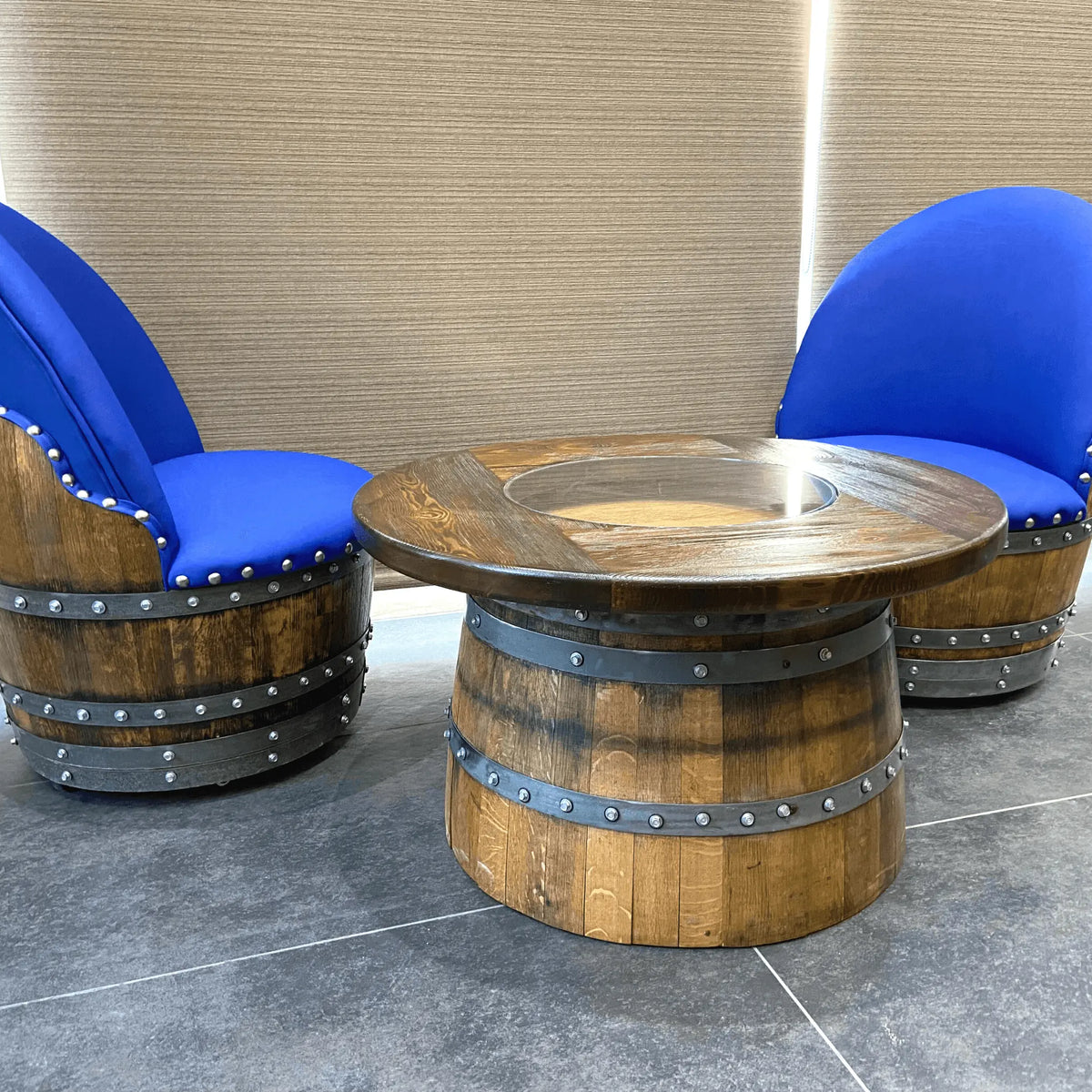 2-Chair Half-Barrel Table Full Set - Oak Wood Wine Barrels