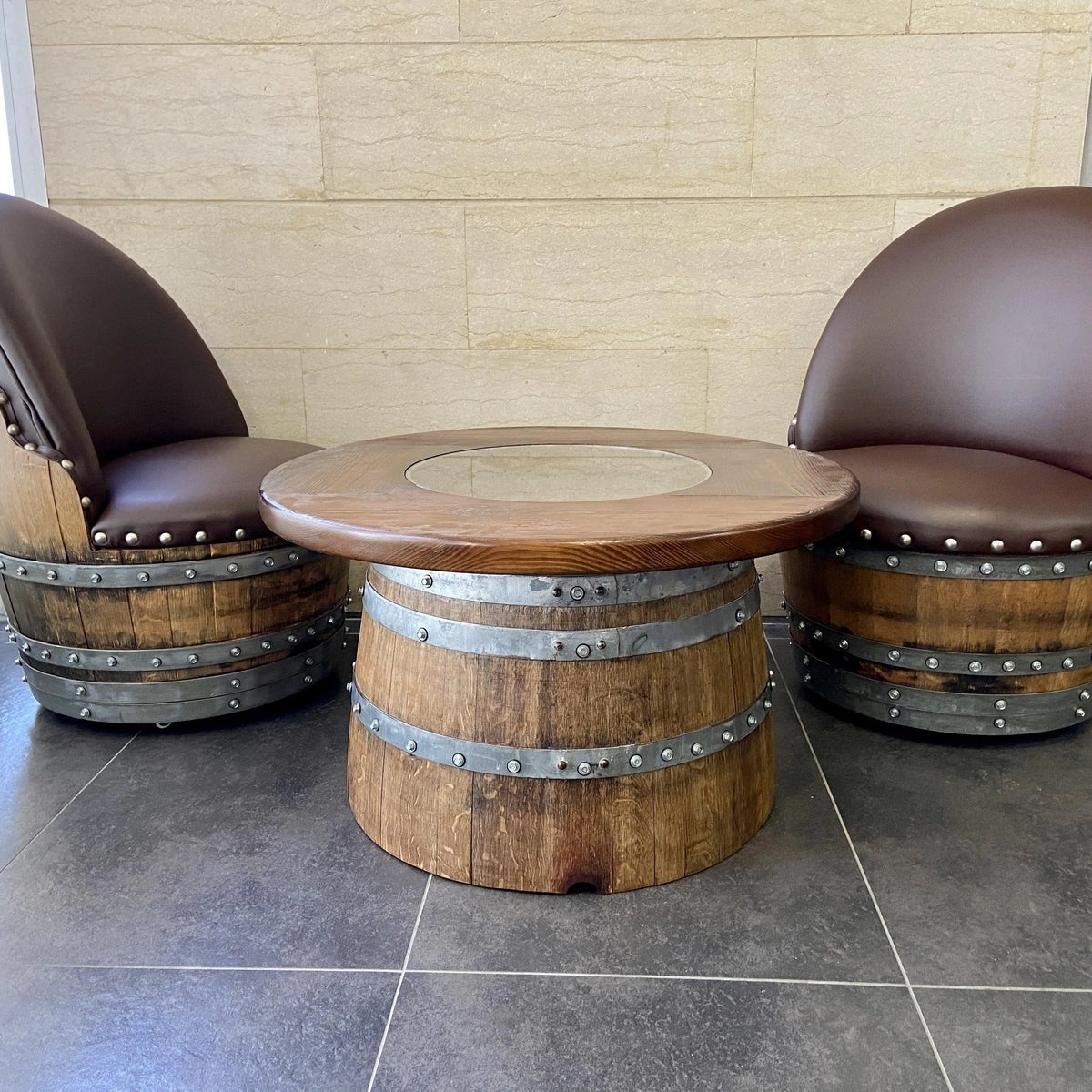 2-Chair Half-Barrel Table Full Set - Oak Wood Wine Barrels