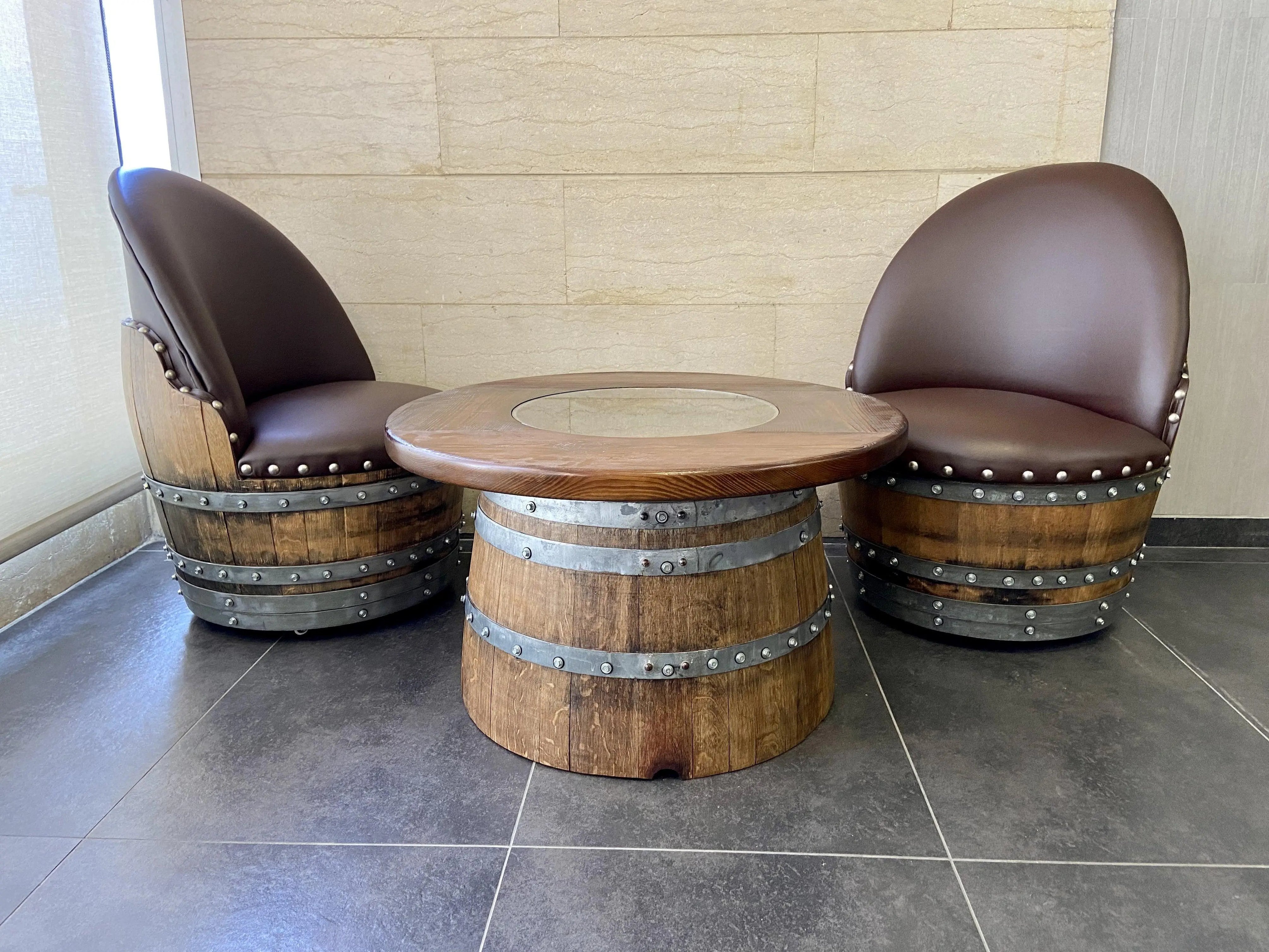 2-Chair Half-Barrel Table Full Set - Oak Wood Wine Barrels