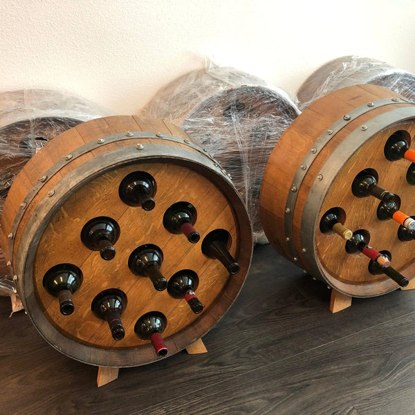 9-Bottle Wine Barrel Display Rack - Rustic Wine Barrel Furniture Stand ...
