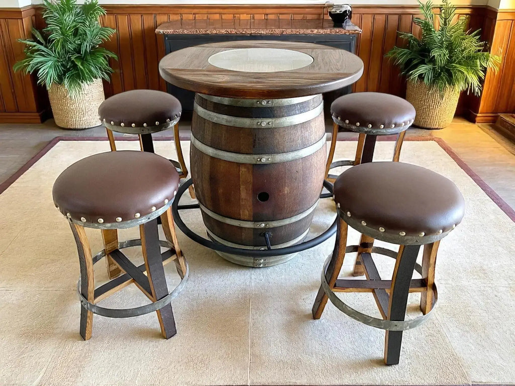 Oak Wine Barrel Whiskey Bistro Pub Table Set, Footrail, Bar Stools ...