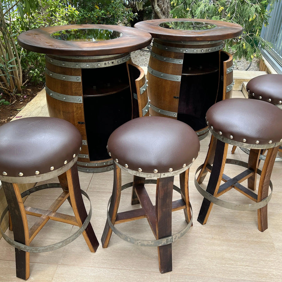 Double Barrel Bar Cabinet Set - Oak Wood Wine Barrels