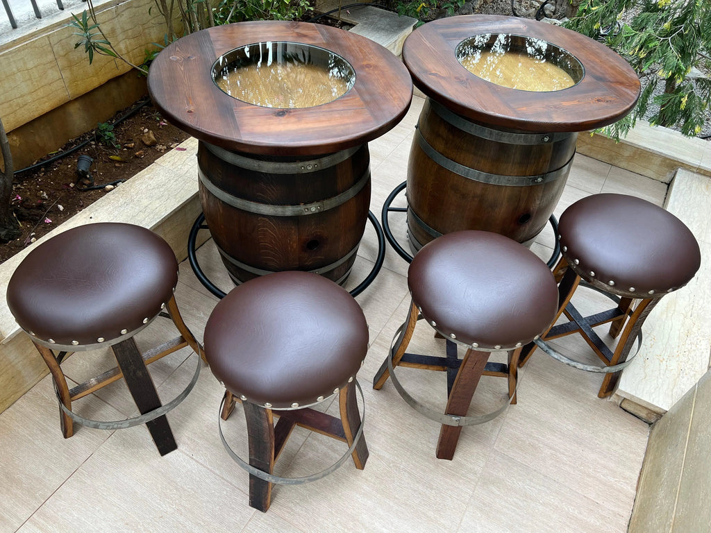 Double Oak Barrel Bistro Pub Table Set, Bourbon Wine Barrel, Footrail ...
