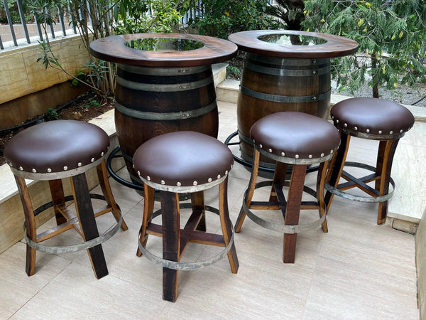 Double Oak Barrel Bistro Pub Table Set Bourbon Wine Barrel Footrail Footrest Comfort Barrel Cabinet Barrel Bar Whiskey Barrel Bar Liquor Wine