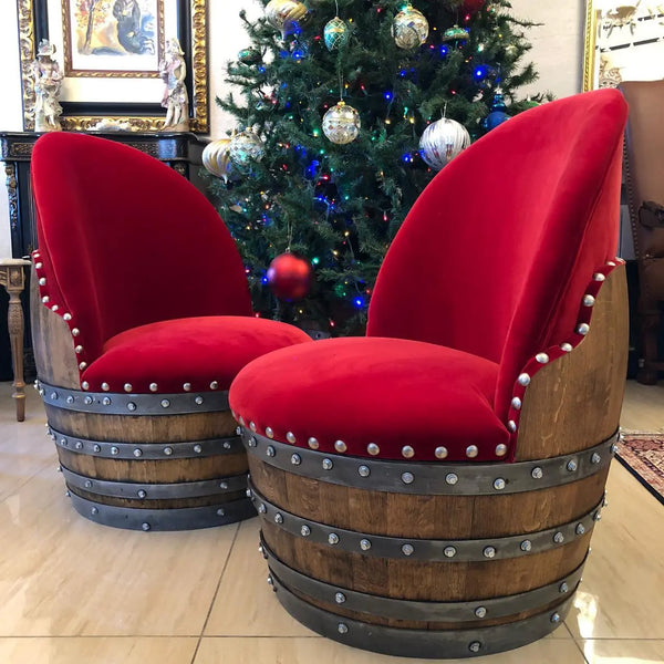 OBARREL Red Velvet Barrel Chair - BARREL FURNITURE - Oak Wood - Oak ...