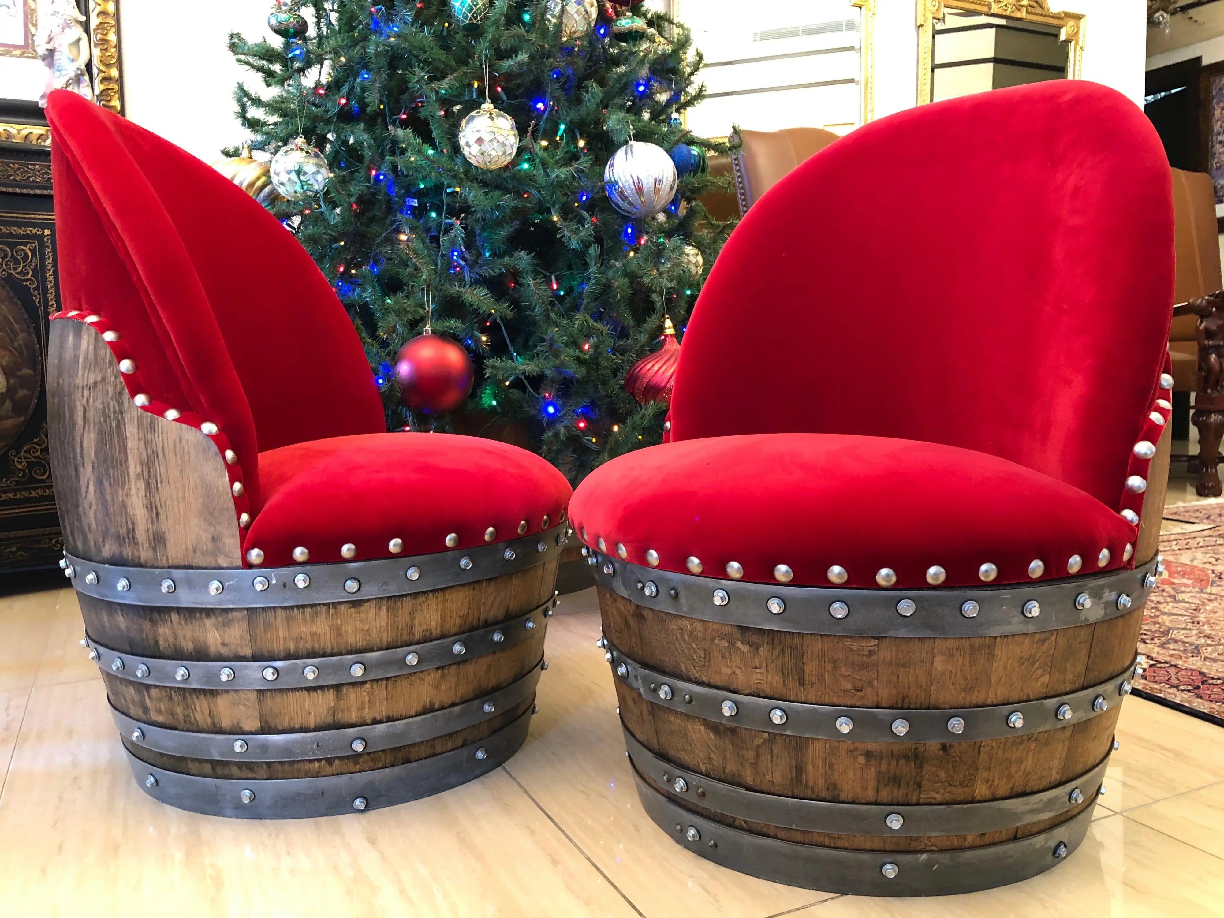 OBARREL Red Velvet Barrel Chair - BARREL FURNITURE - Oak Wood - Oak ...